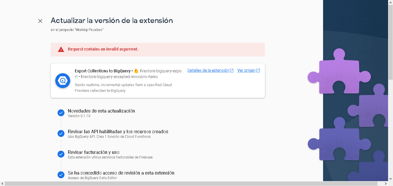 Request Contains An Invalid Argument When Try To Update Extension Firestore Bigquery Export