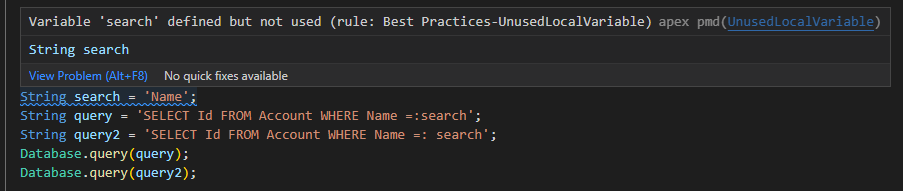 Apex Unusedlocalvariable Flags For Variables Which Are Using In Soqlsosl Binds · Issue 4556