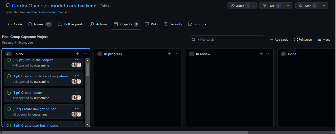 Final group capstone Kanban Board - i-model-cars · Issue #21 · GordonOtieno/i-model-cars-backend ...