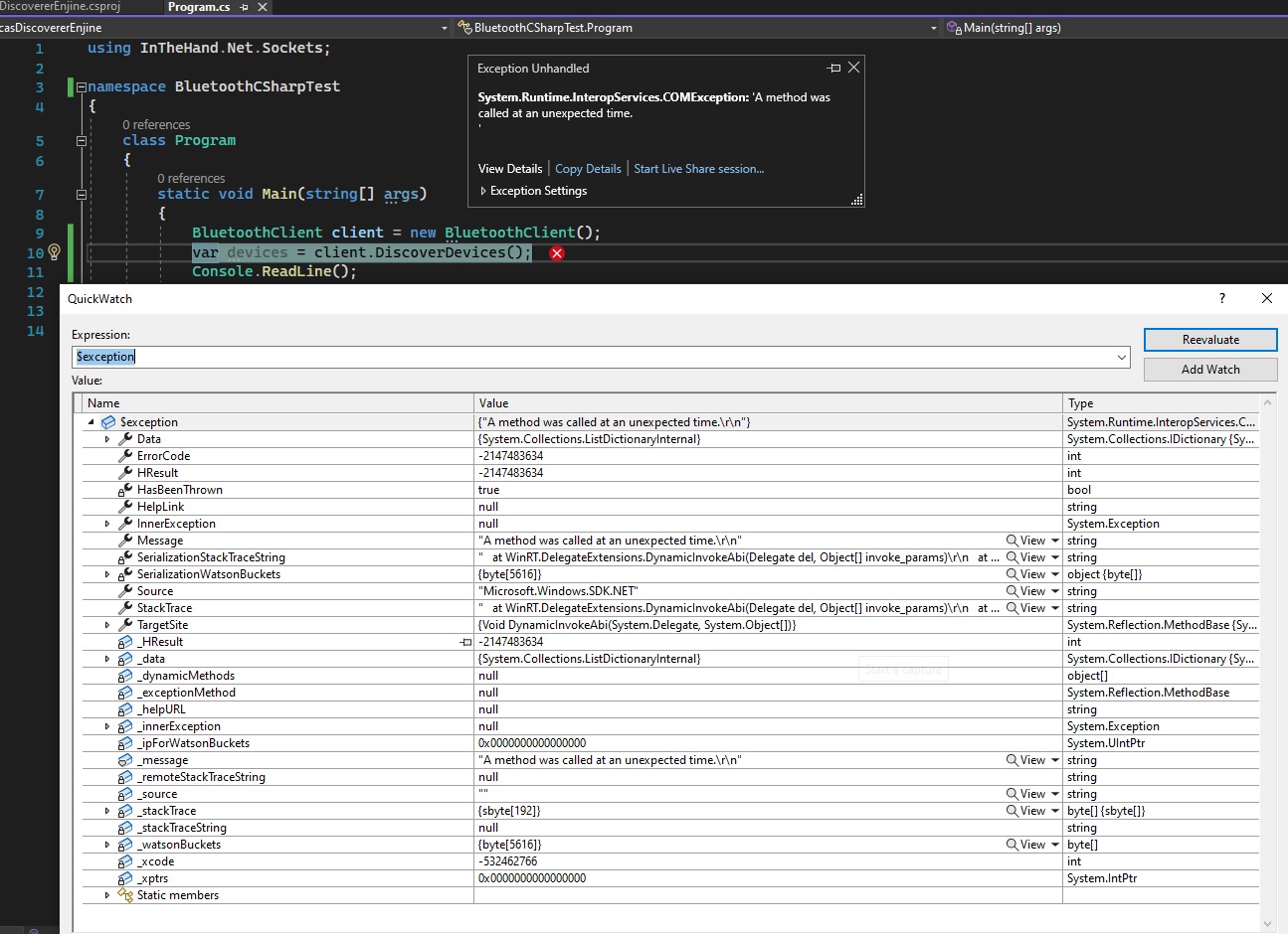 When call DiscoverDevices() -- System.Runtime.InteropServices.COMException: 'A method was called ...