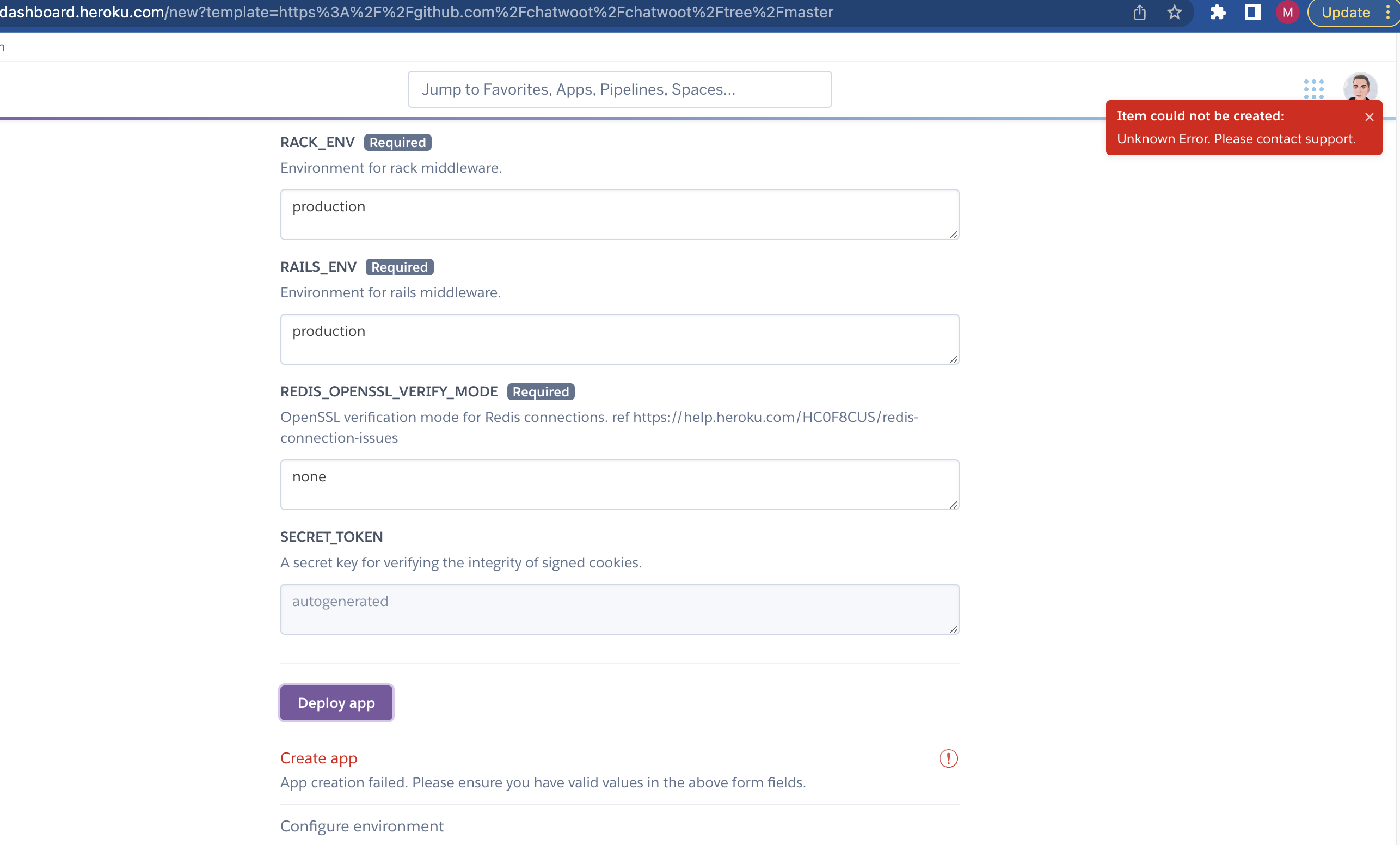 App Creation Failed Please Ensure You Have Valid Values In The Above Form Fields Heroku One 