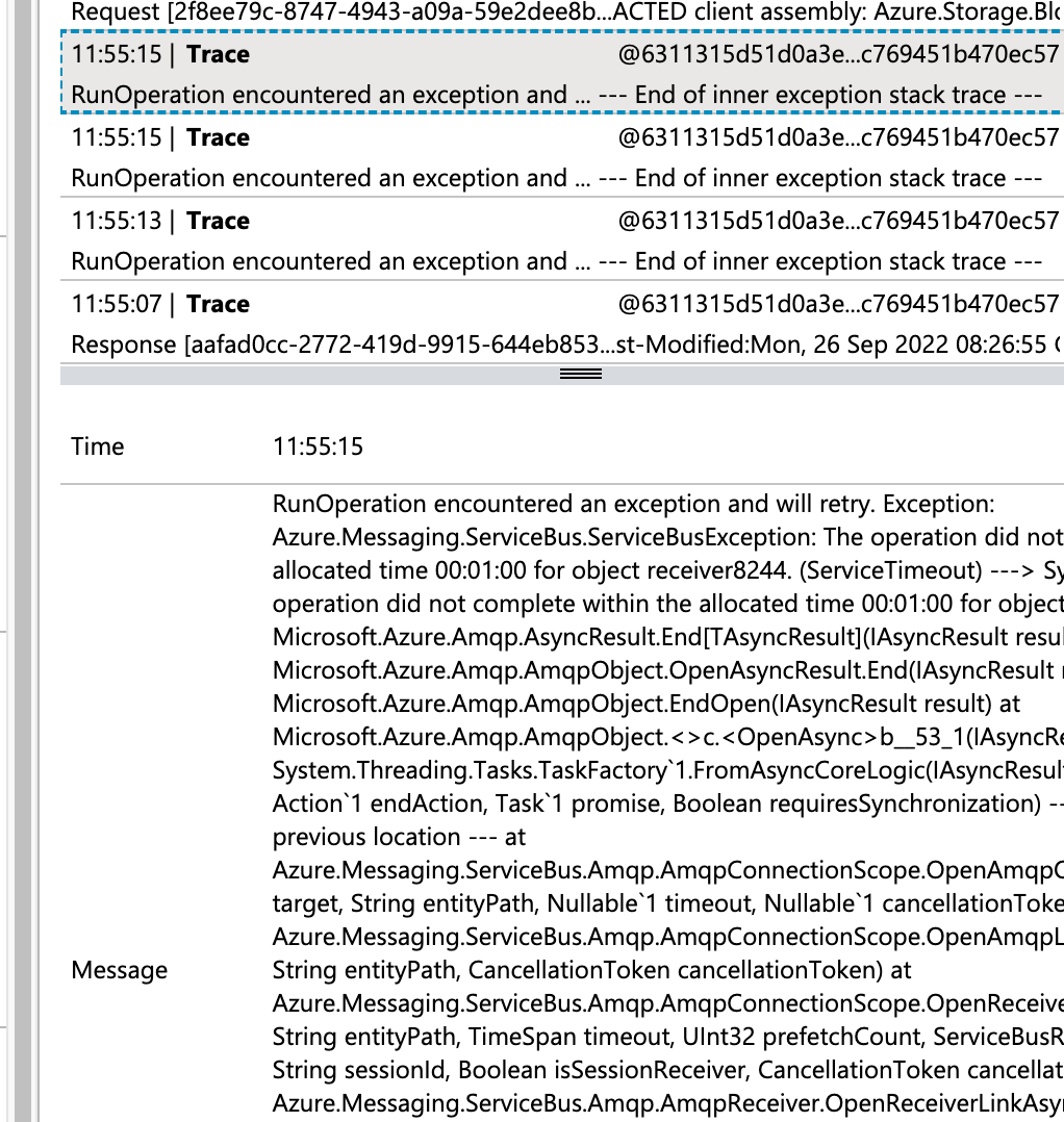 ServiceBusTrigger continously logs warnings about "The operation did not complete within the ...