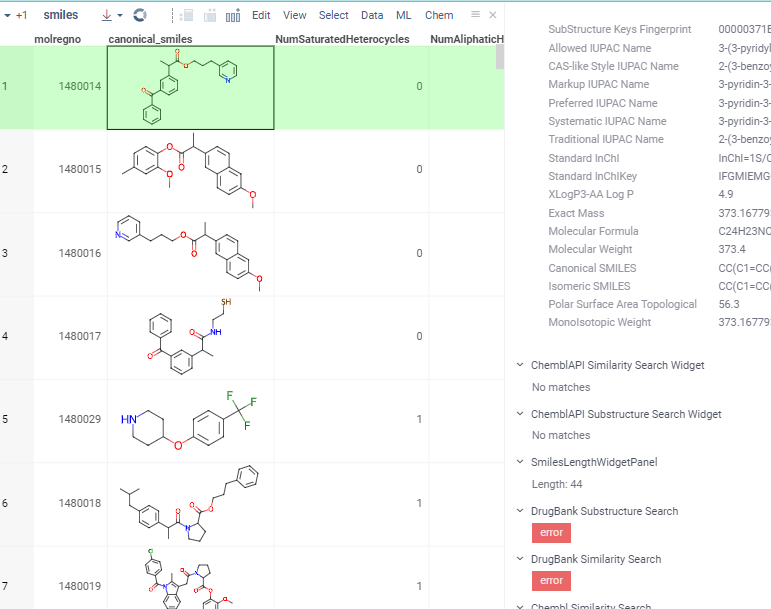 Chem | Property Pane: errors in DragBank: Substructure Search and DragBank: Similarity Search ...