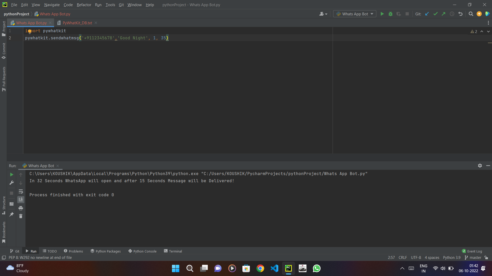 Github Koushikecewhats App Bot Its A 2 Line Python Program Which Can Automatically Send My