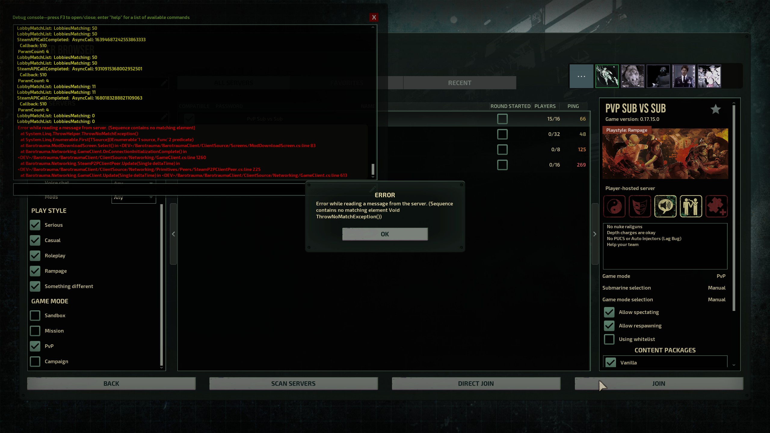 Sequence contains no matching element when trying to reconnect to a server after a SteamP2P ...