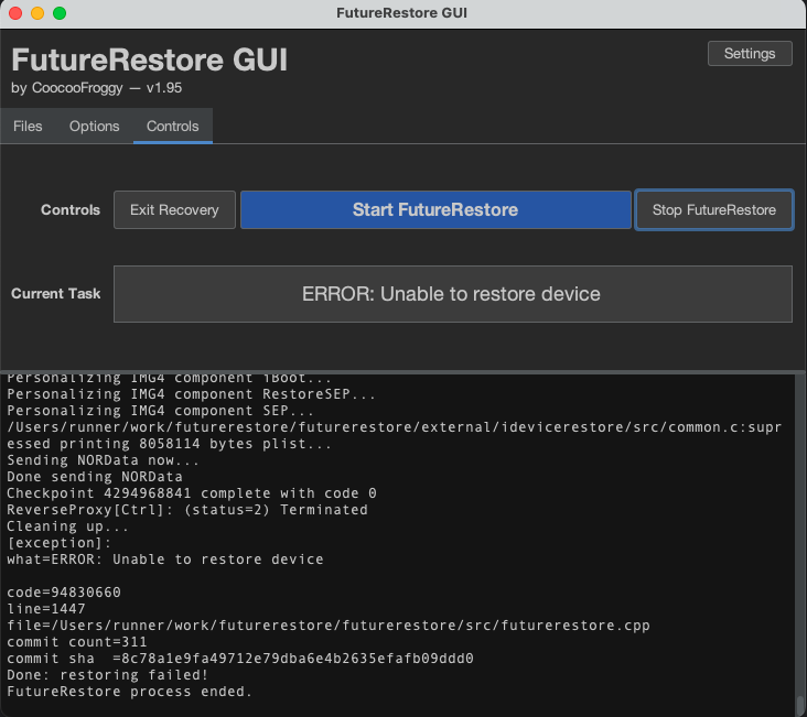 unable to restore from 15.5 to 14.2 Iphone 7 plus · Issue #133 · CoocooFroggy/FutureRestore-GUI ...