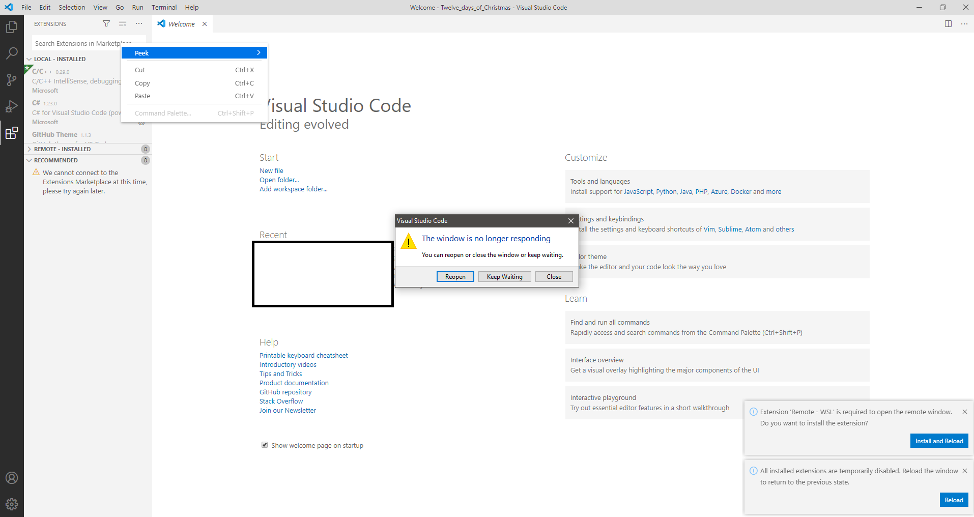 Right Click on Extension Search > Peek causes freeze · Issue #104727 · microsoft/vscode · GitHub