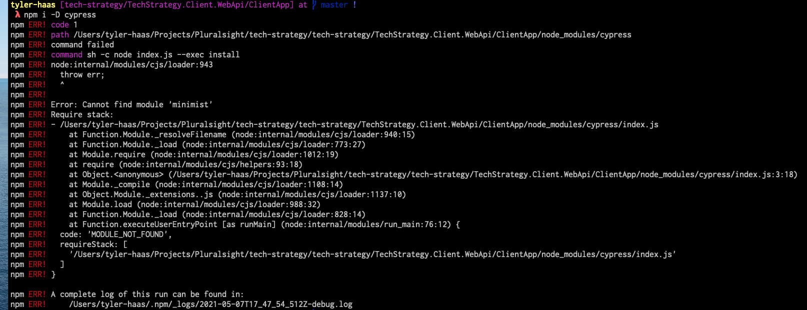 npm install fails to find minimist package · Issue #16399 · cypress-io/cypress · GitHub