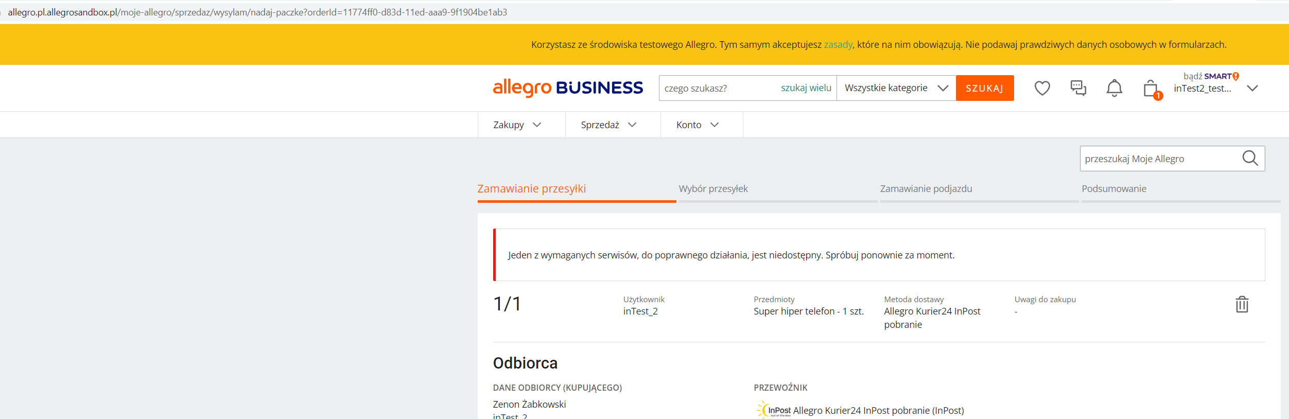 Sandbox Brak Możliwości Tworzenia Przesyłki Do Zamówienia · Issue