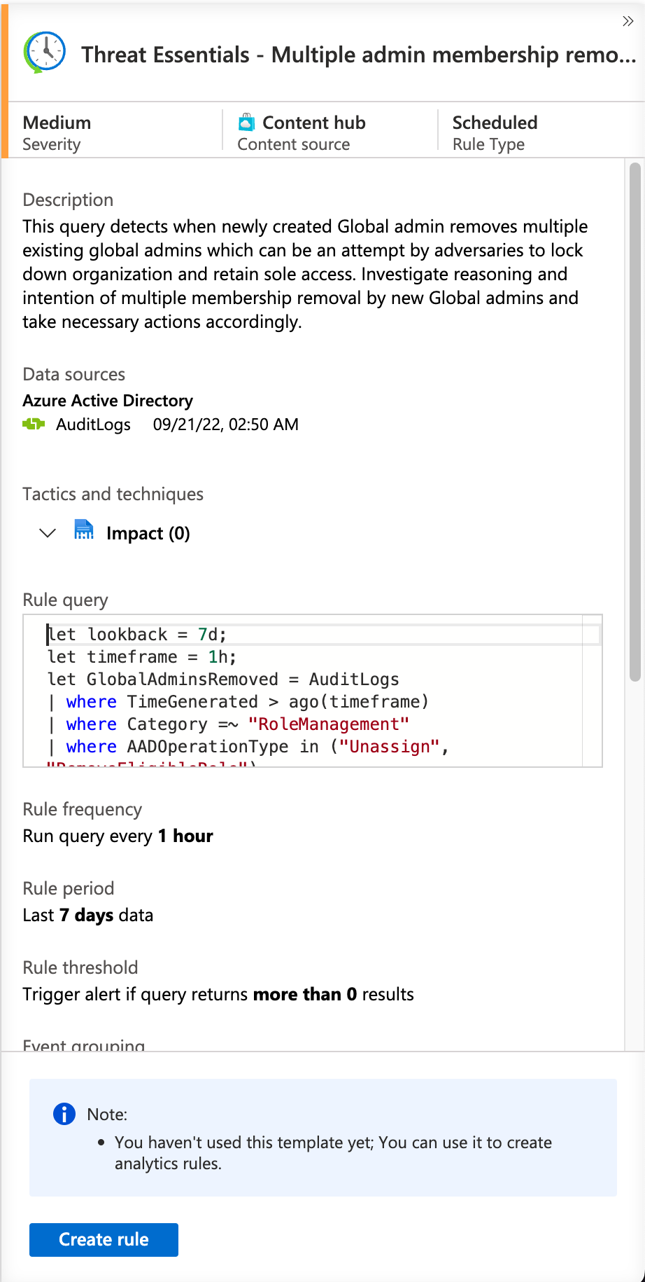 Cannot Create Rule for "Threat Essentials - Multiple admin membership removals from newly ...