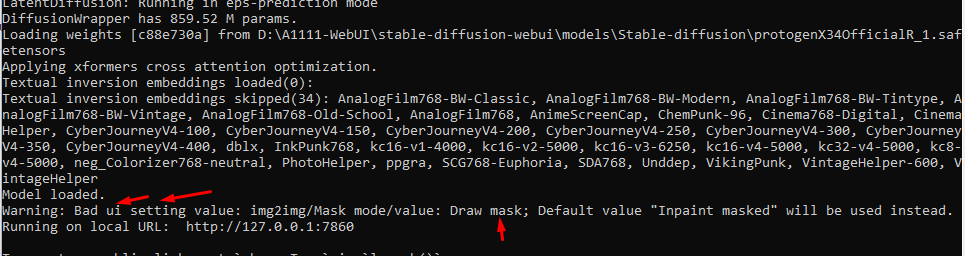 [Bug]: Warning: Bad ui setting value: img2img/Mask mode/value: Draw mask; Default value "Inpaint ...