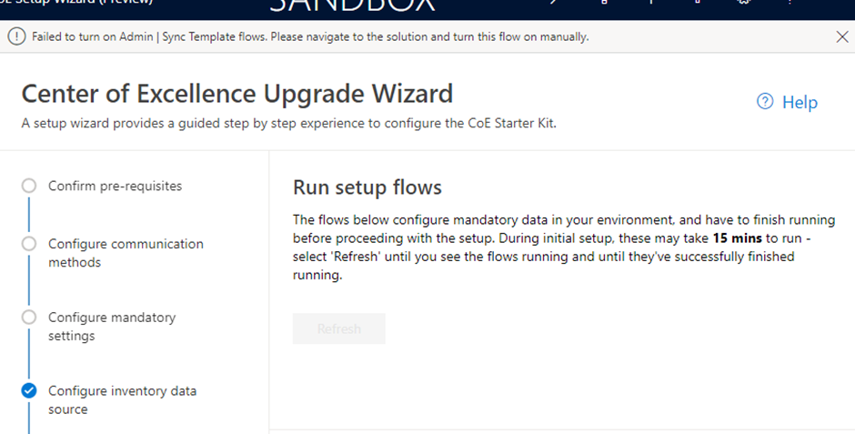 [CoE Starter Kit - BUG] COE Ste up Wizard issues - unable to turn on Admin_sync Template (Call ...