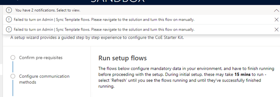 [CoE Starter Kit - BUG] COE Ste up Wizard issues - unable to turn on Admin_sync Template (Call ...