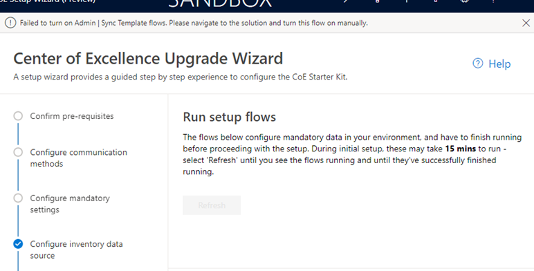 [CoE Starter Kit - BUG] Setup Wizard - Failed to turn on Admin | Sync Template flows · Issue ...
