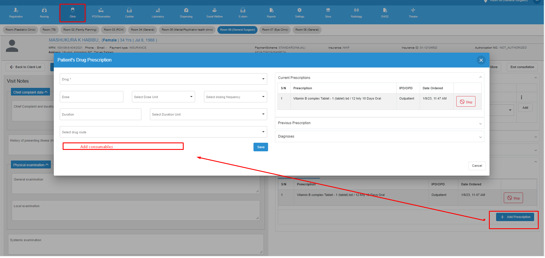 Add feature for the clinic module in prescribing medication to add consumable items after adding ...