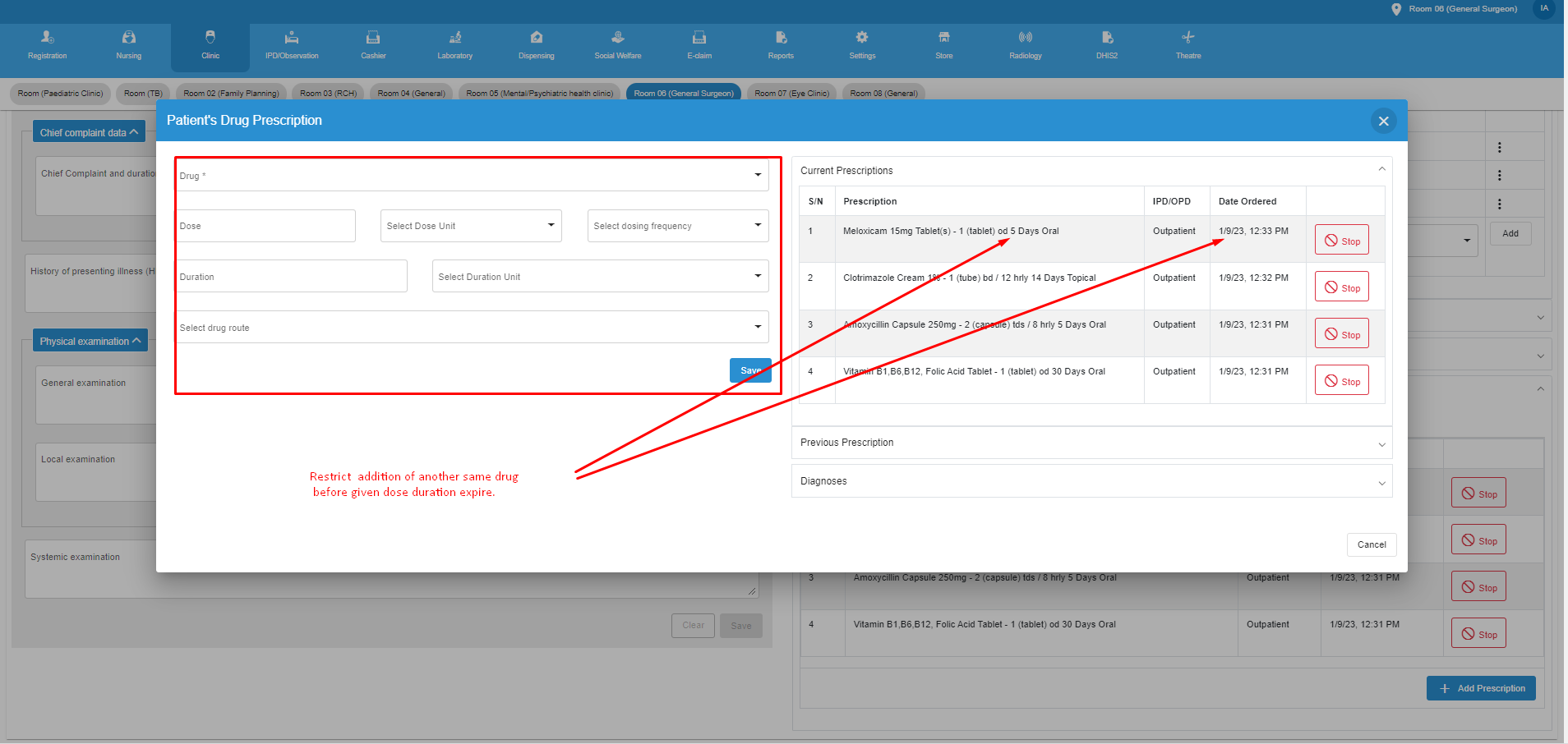 Add functionality feature to stop or restrict drug prescription for that patients who have ...
