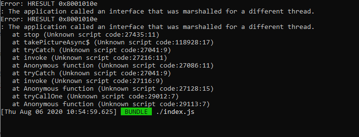 Taking a picture on Windows throws an error: "The application called an interface that was ...