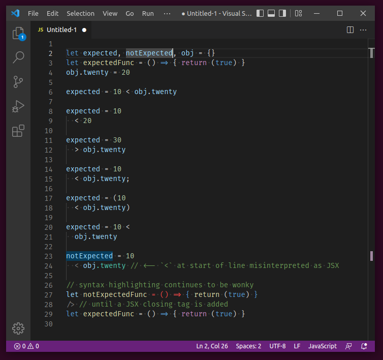 [javascript] Tokenization Breaks When New Line Starts With Less Than Operator · Issue 904
