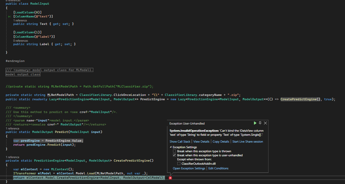 Can't bind the IDataView column 'text' of type 'String' to field or property 'Text' of type ...
