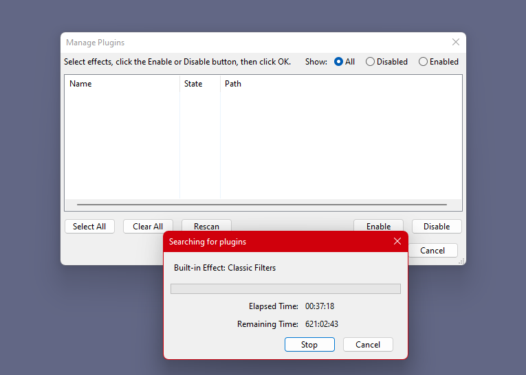 Plugin scan takes waaayyyy too long · Issue #3708 · audacity/audacity · GitHub