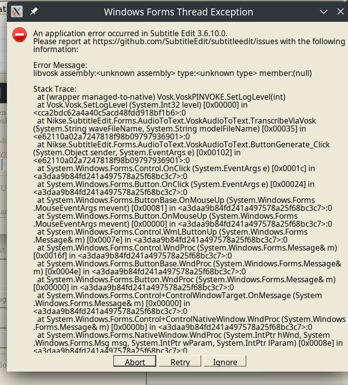 Linux Audio To Text Error Persists · Issue 6534 · Subtitleeditsubtitleedit · Github