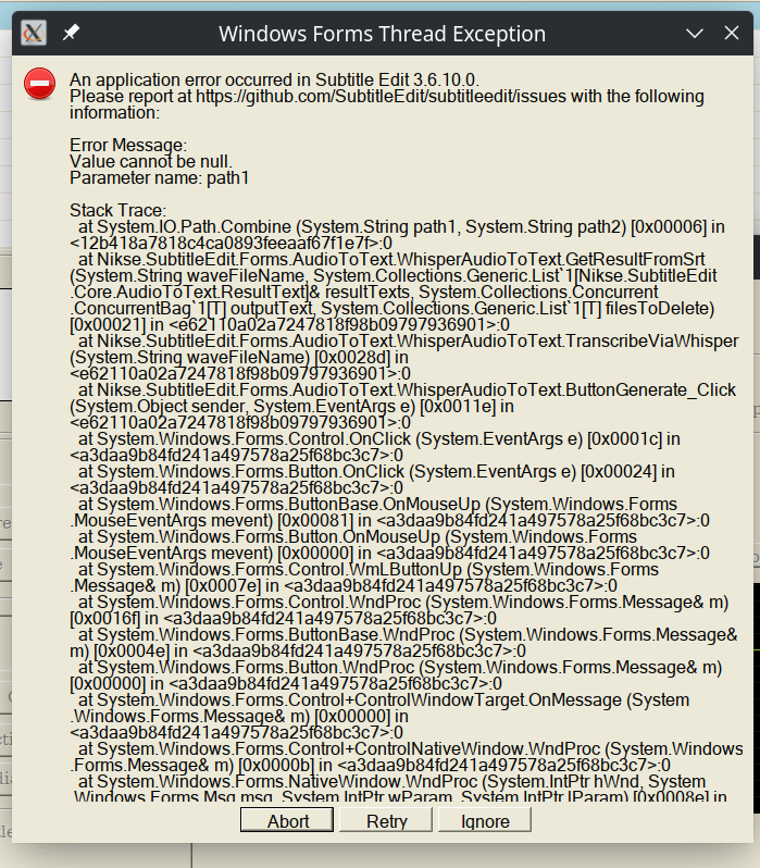 "Value cannot be null" running audio to text with whisper · Issue #6538 · SubtitleEdit ...