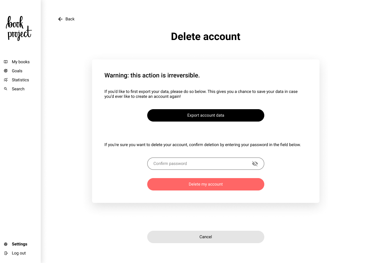 Create delete account page · Issue #678 · Project-Books/book-project ...