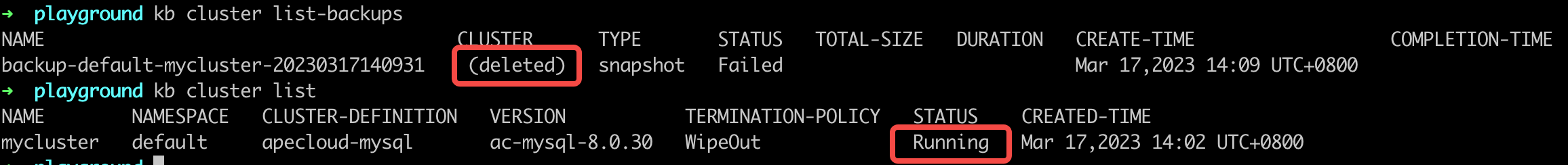 [BUG] list-backups display the wrong cluster status · Issue #2087 · apecloud/kubeblocks · GitHub