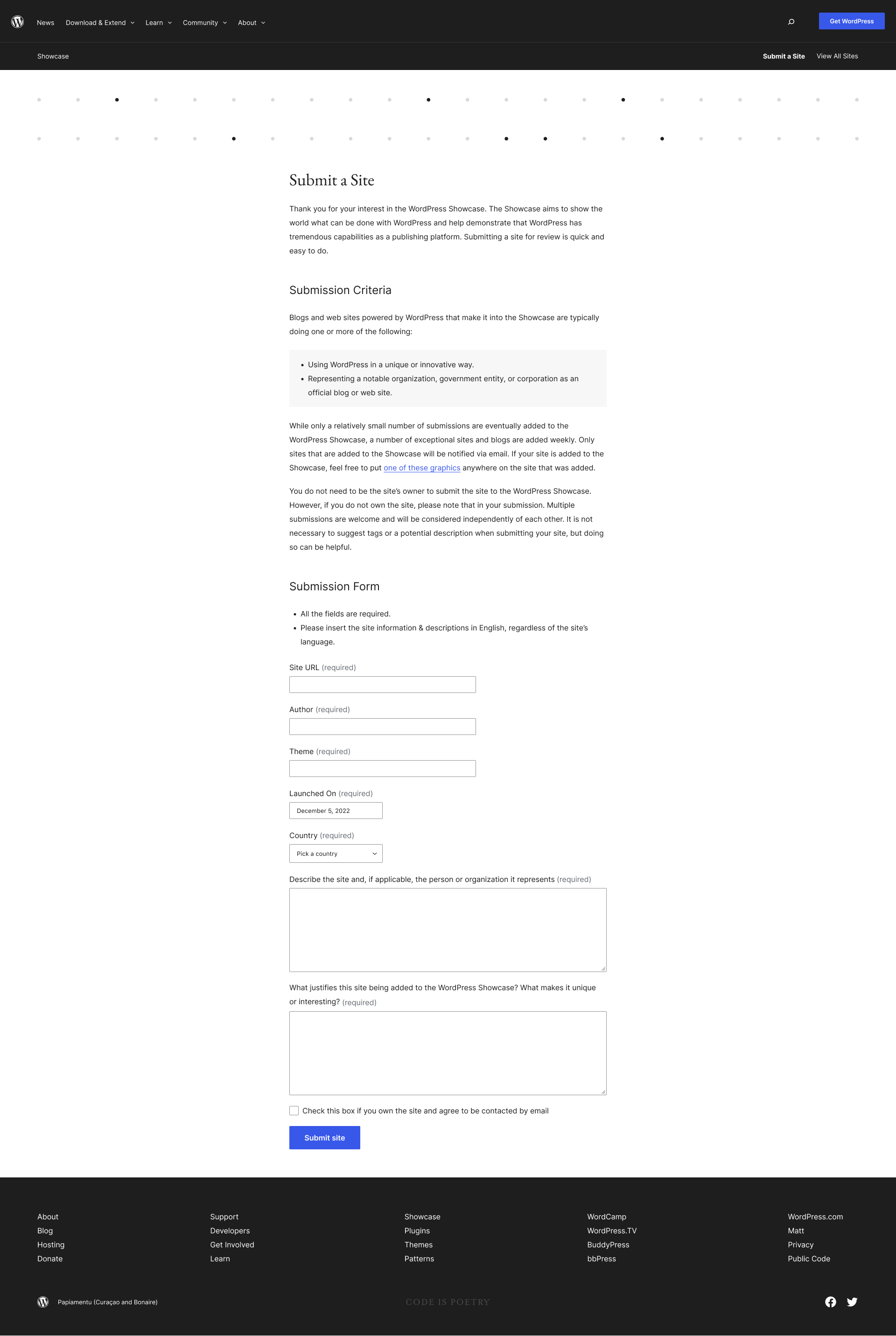 Submit a Site page · Issue #131 · WordPress/wporg-showcase-2022 · GitHub