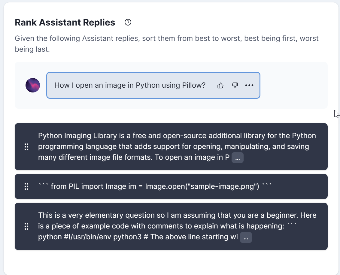 In Rank Assistant Replies, switch from vertically stacked handled cards to horizontal tabs ...