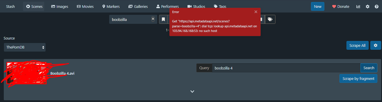[Bug Report] Scraper ThePornDB returns error message when pressing "Scrape All" or using "Search ...