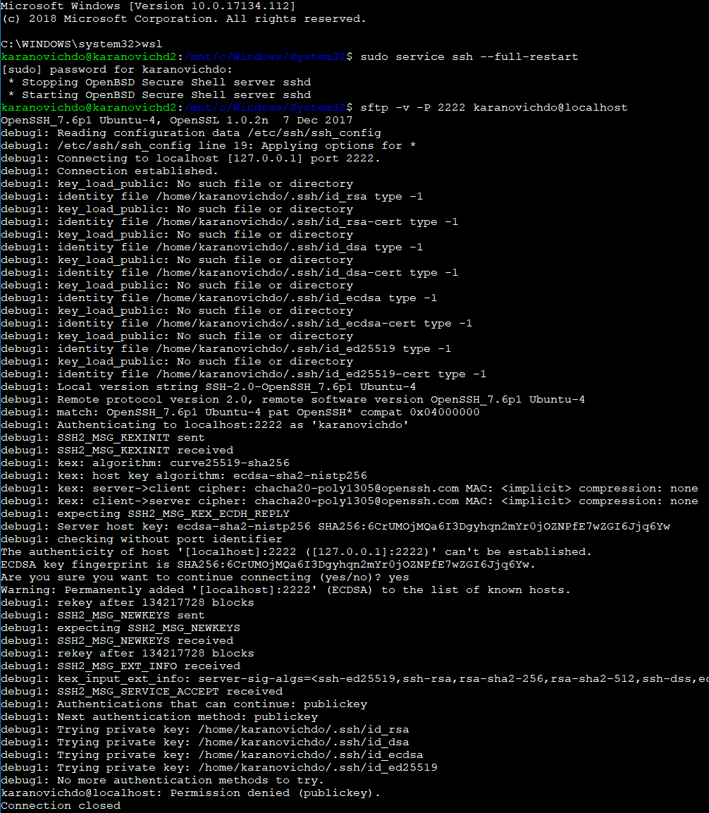 Sftp From Windows 10 V 1803 Into Wsl Ubuntu 1804 Ssh Server Wont Connect · Issue 3303