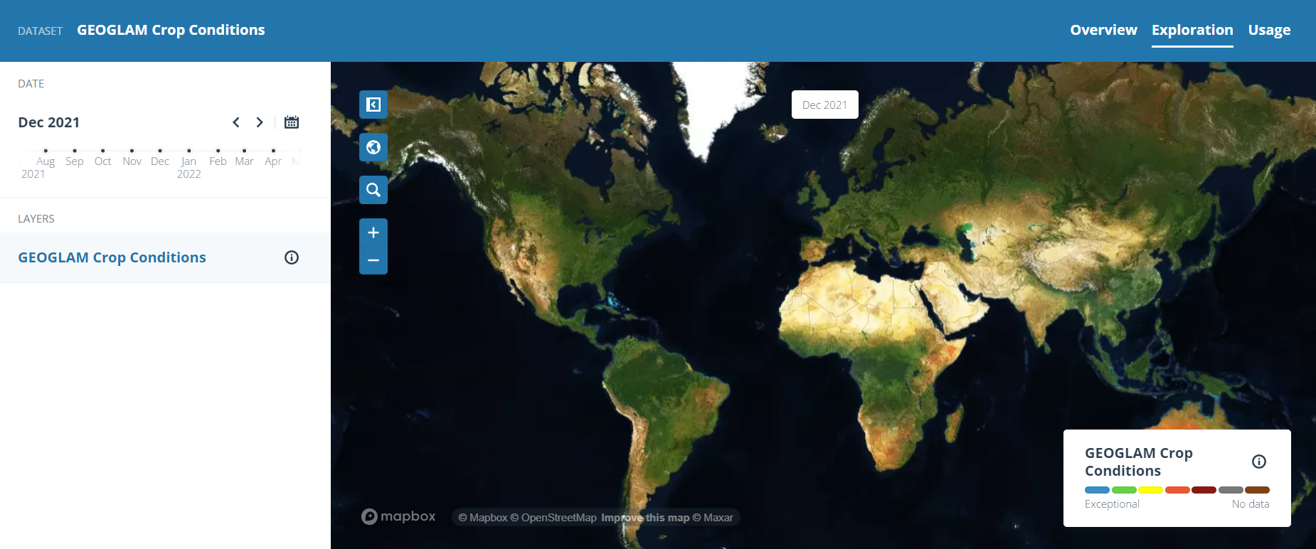 On two dates no layer is shown in the Dataset "GEOGLAM Crop Conditions ...