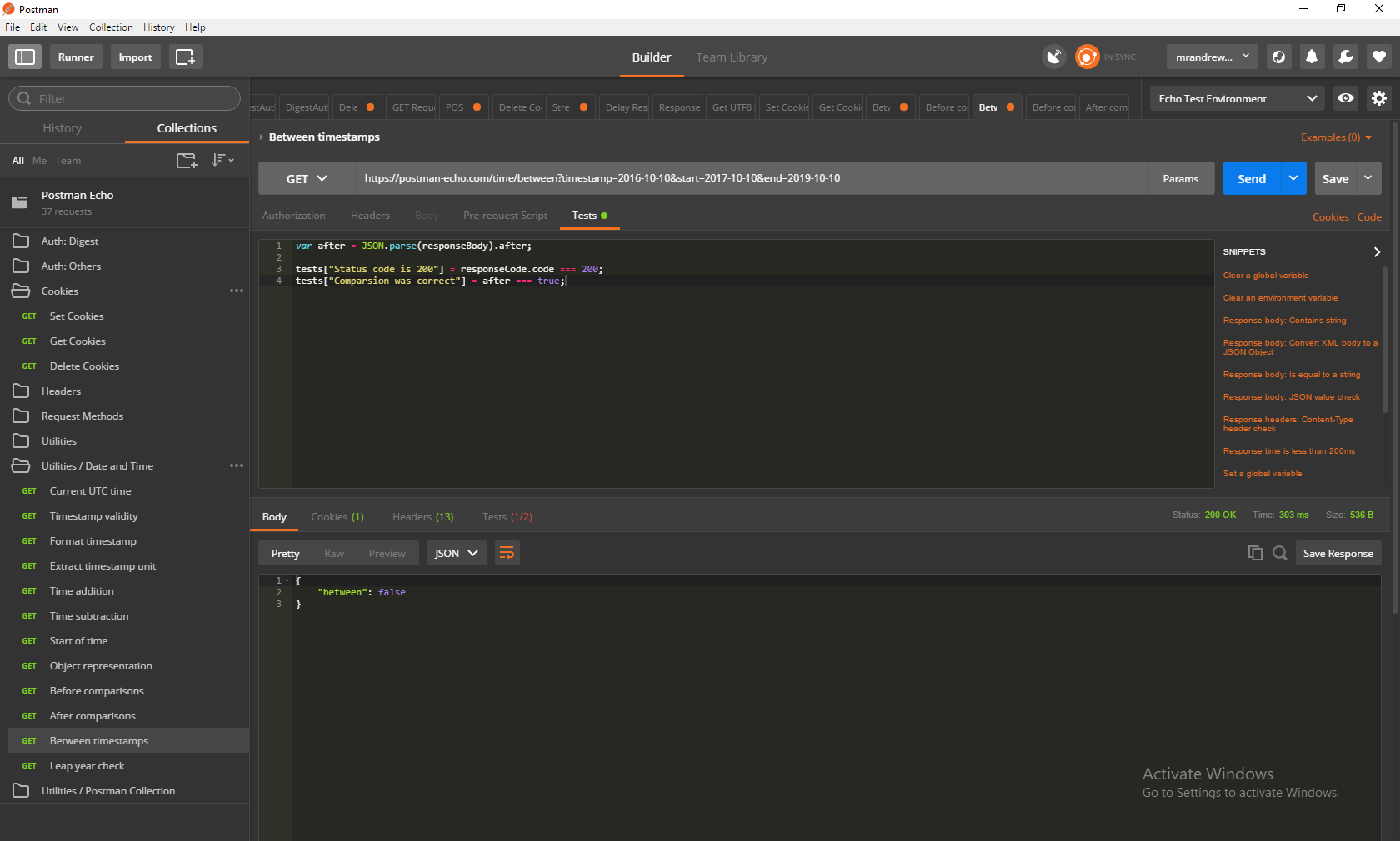 Postman Echo - Utilities / Date and Time tests are wrong for 'Between ...