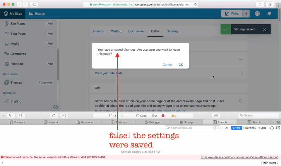 "You have unsaved changes" despite "Settings saved" notification in ...