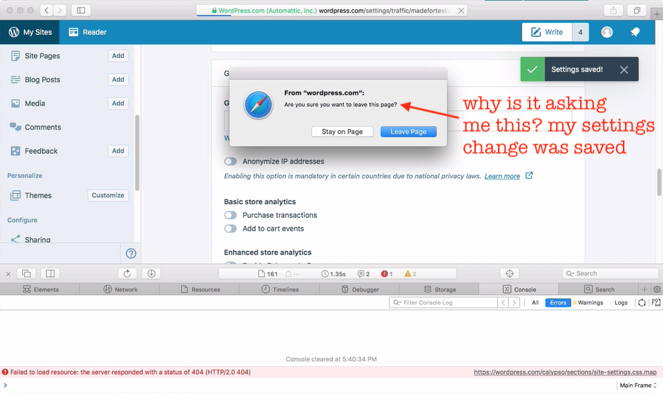 "You have unsaved changes" despite "Settings saved" notification in ...