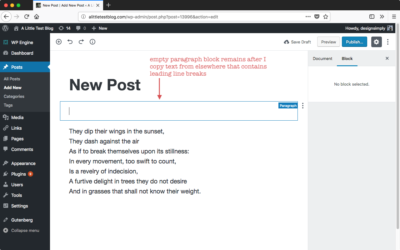 Copying text into first paragraph causes blank Paragraph Block to appear above text · Issue ...