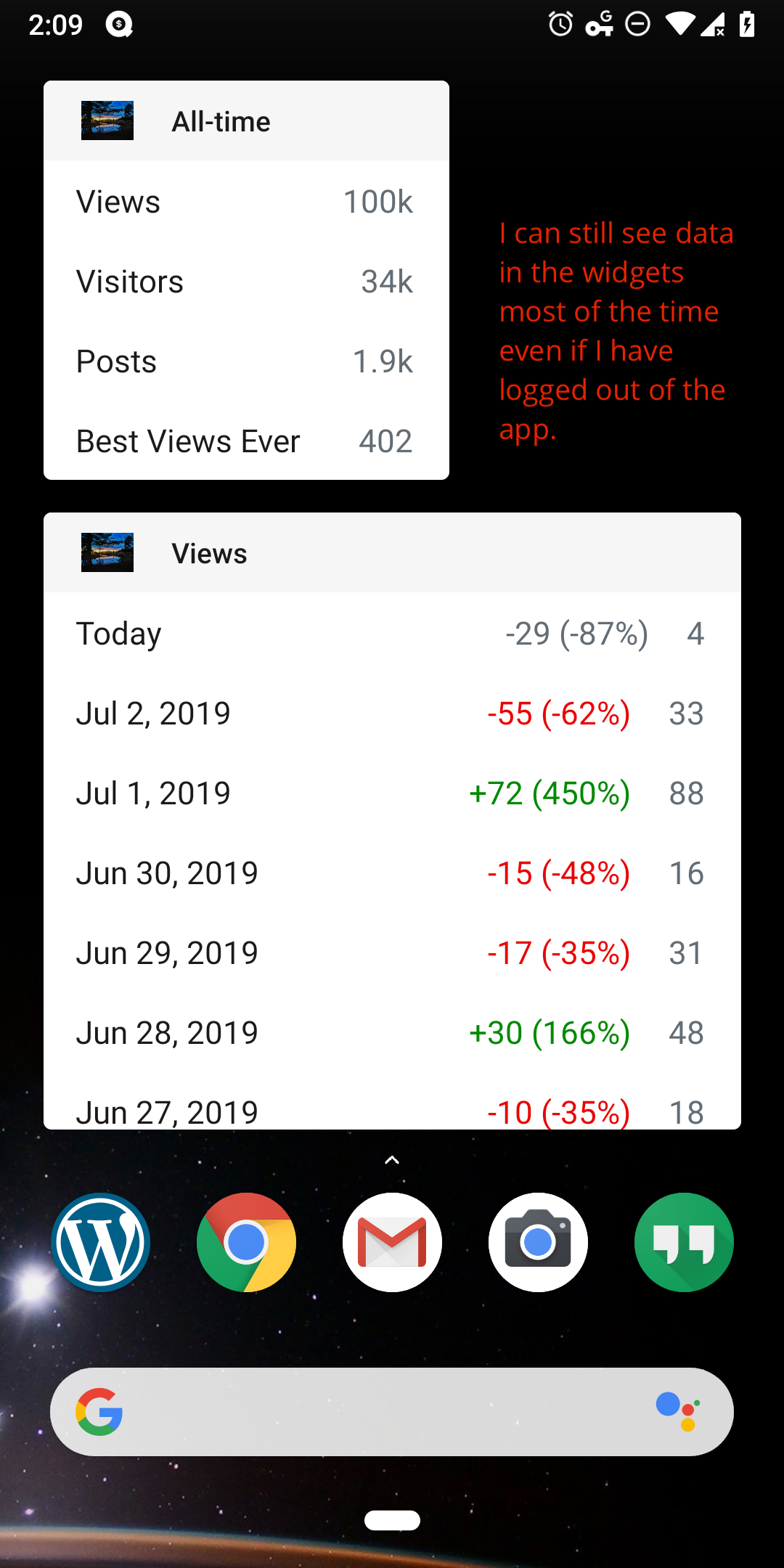 Stats Widget: data still shown in widgets after logging out of the app ...