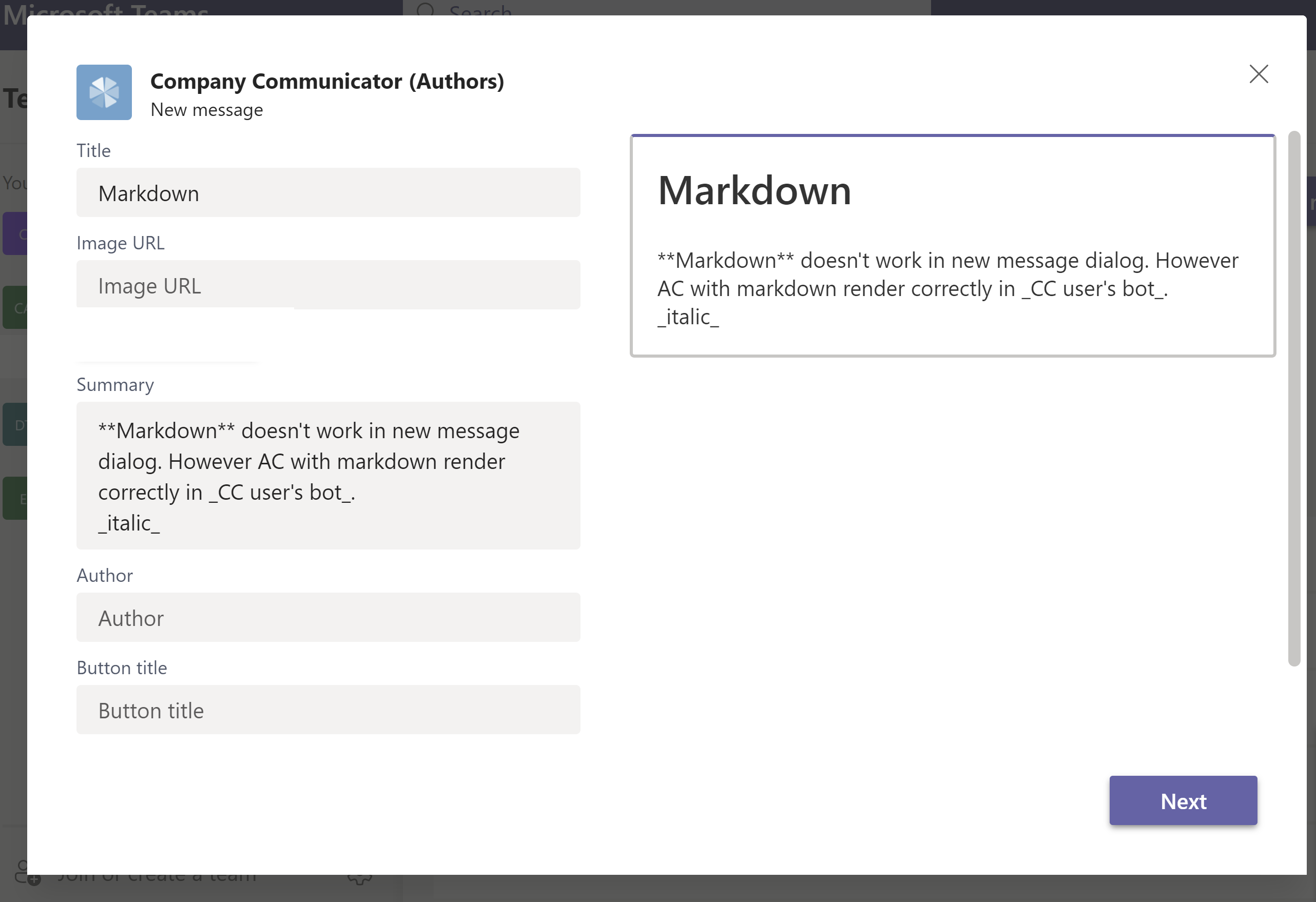 Markdown doesn't work in new message dialog. · Issue #379 · OfficeDev/microsoft-teams-apps ...