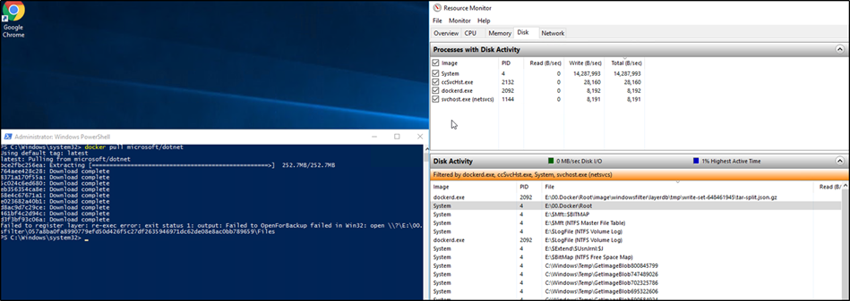 Windows: docker pull microsoft/nanoserver failed to register layer: Failed to OpenForBackup ...