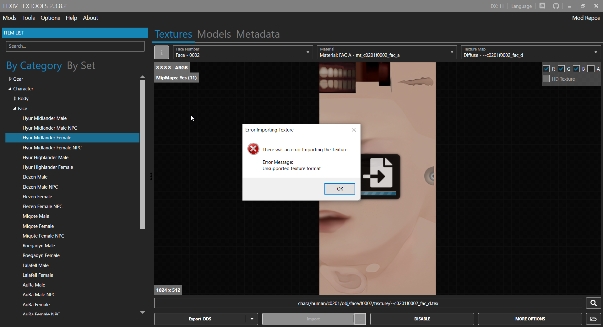 Error when importing a bmp or png face texture · Issue #210 · TexTools/FFXIV_TexTools_UI · GitHub