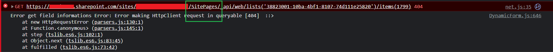 Dynamic Form: Error get field informations Error: Error making HttpClient request in queryable ...
