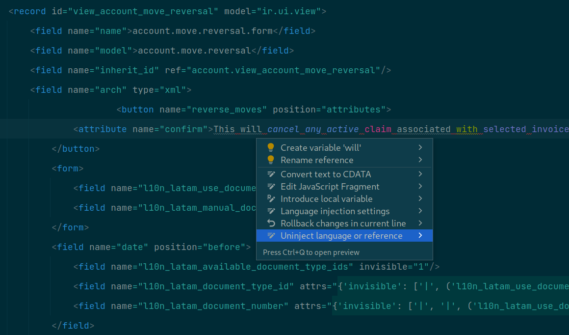 Lots of error and warnings when doing a XML attribute inheritance · Issue #58 · odoo-ide/pycharm ...