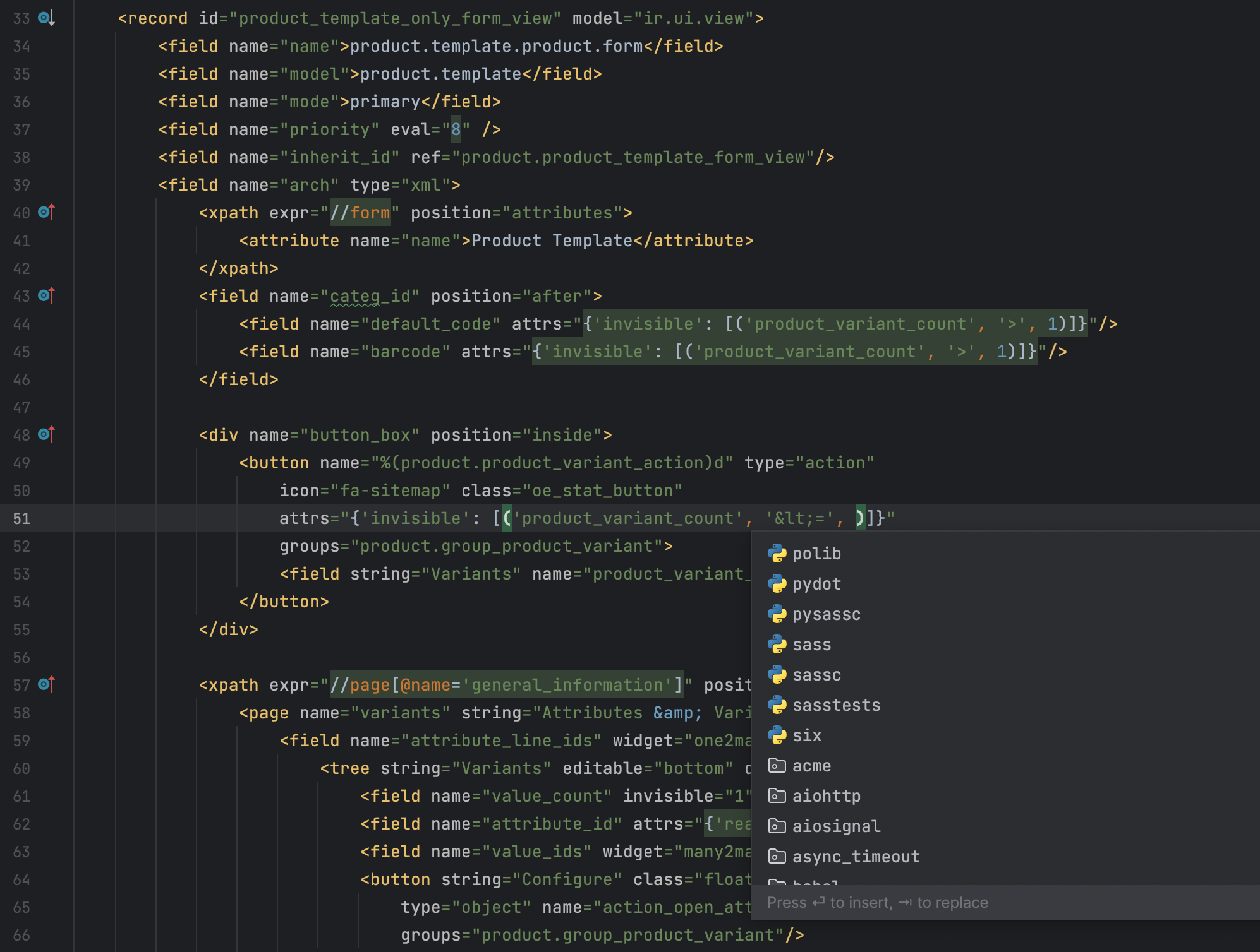 Unexpected python module completion in XML · Issue #120 · odoo-ide/pycharm-odoo · GitHub