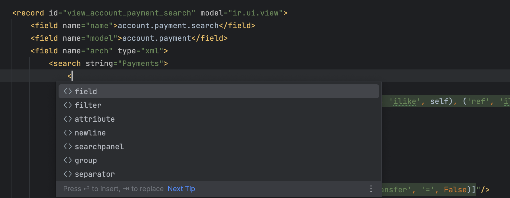 XML tag completion is not working for search view · Issue #150 · odoo-ide/pycharm-odoo · GitHub