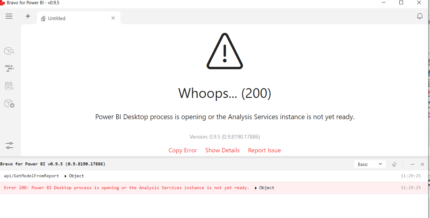 Error 200: Power BI Desktop process is opening or the Analysis Services instance is not yet ...
