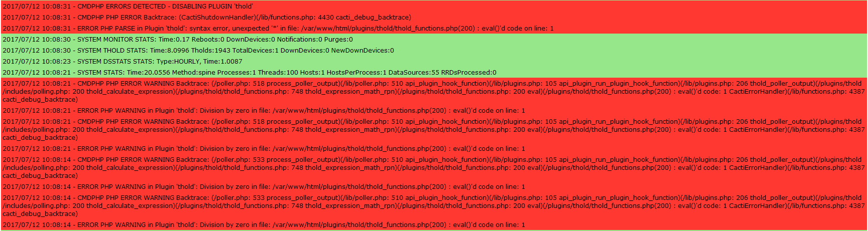 Thold disabled due to error: ERROR PHP PARSE in Plugin 'thold': syntax error, unexpected '*' in ...