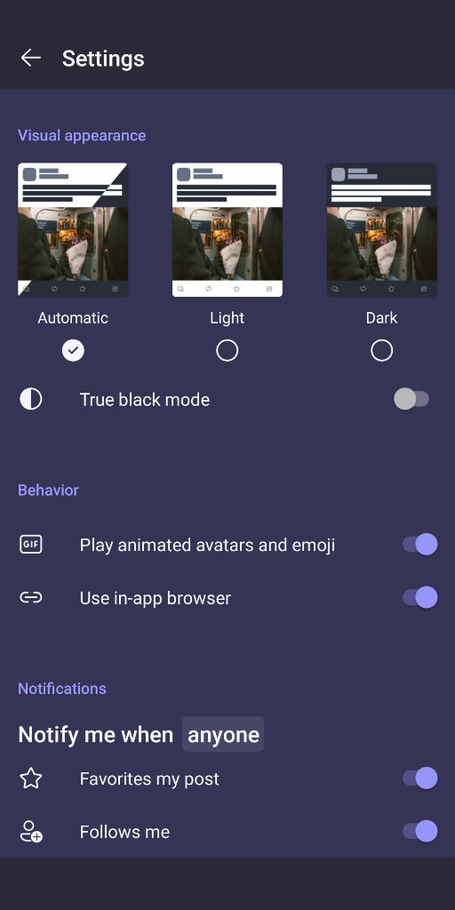Theme setting: 'True black mode (AMOLED)' as checkbox affecting 'Automatic' and 'Dark' options ...