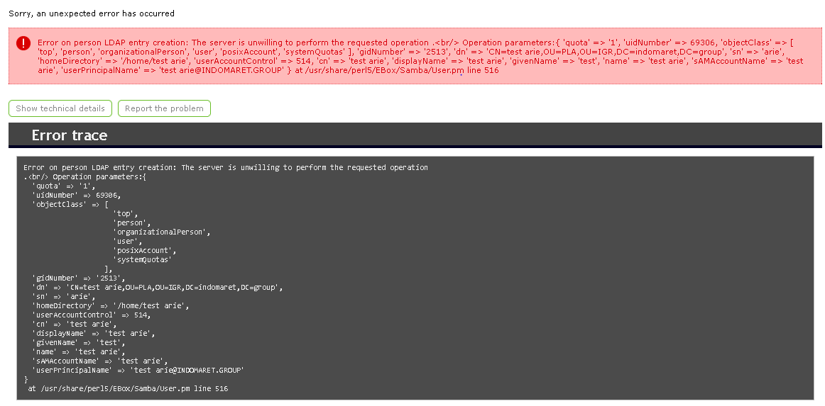 Error on person LDAP entry creation: The server is unwilling to perform the requested operation ...