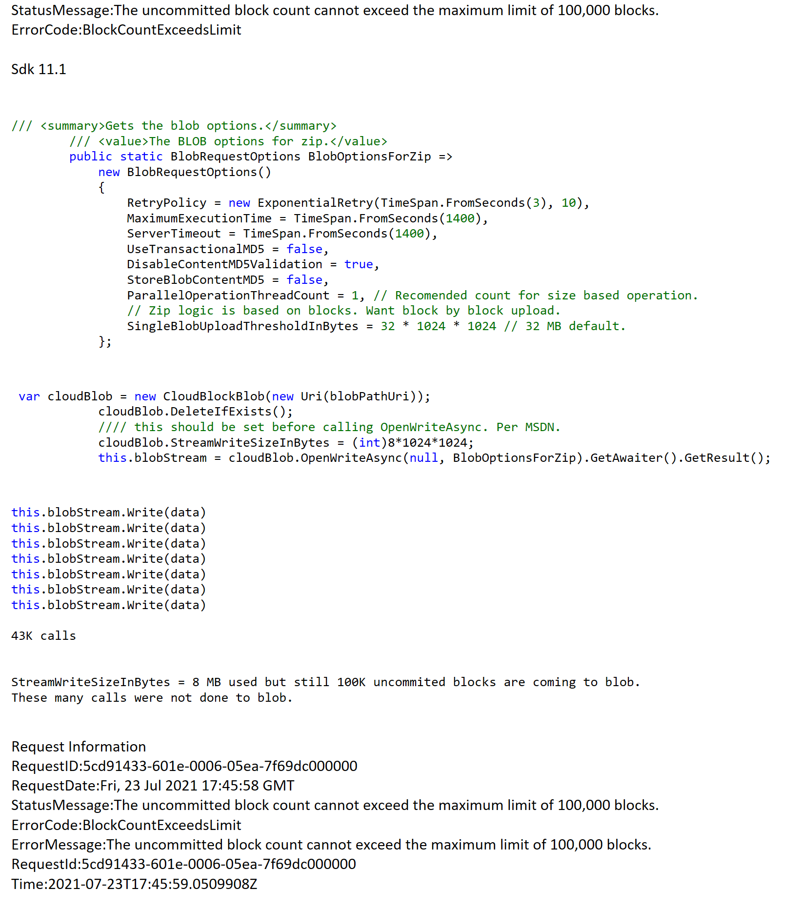 [BUG] StatusMessage:The uncommitted block count cannot exceed the maximum limit of 100,000 ...